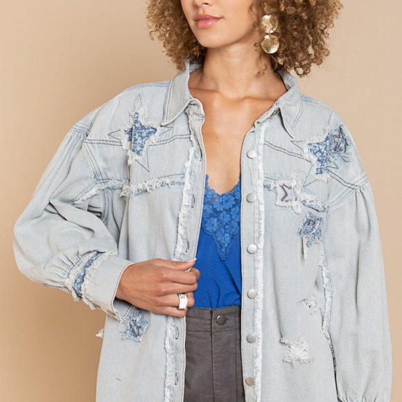 POL | Jackets & Coats | Pol Star Patch Distressed Fringe Buttonup Denim ...